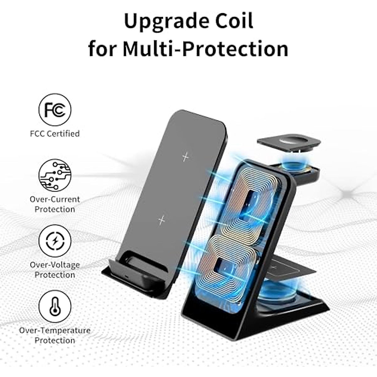 KPON Charging Station for Popsocket/Otterbox Compatible, 3 in 1 Wireless Charger for Thick Cases of 0.39 inch, Multiple Devices for iPhone 15/14/13/12/11/Apple Watch/Airpods