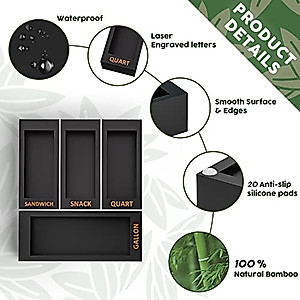 Bamboo Ziplock Bag Storage Organizer for Kitchen Drawer, 4 Separate Food Storage Bag Organizer, 12x14" Baggie Organizer Dispenser for All Brands Gallon, Snack, Sandwich & Quart Slider Bags Black