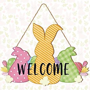Kathfly Hello Spring Easter Door Sign Spring Summer Welcome Hanging Sign Colorful Door Decor Spring Hanger for Front Door Rustic Wood Wall Hanging Sign Spring Decorations for Outdoor Indoor (Bunny)
