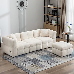 LUMISOL Large Sectional Sofa with Movable Storage Ottoman and 2 USB Ports, Teddy Fleece Fabric Sectional Sofa Couch with Lumbar Pillows, L-Shaped Sofa Couch for Living Room Apartments, Creamy White