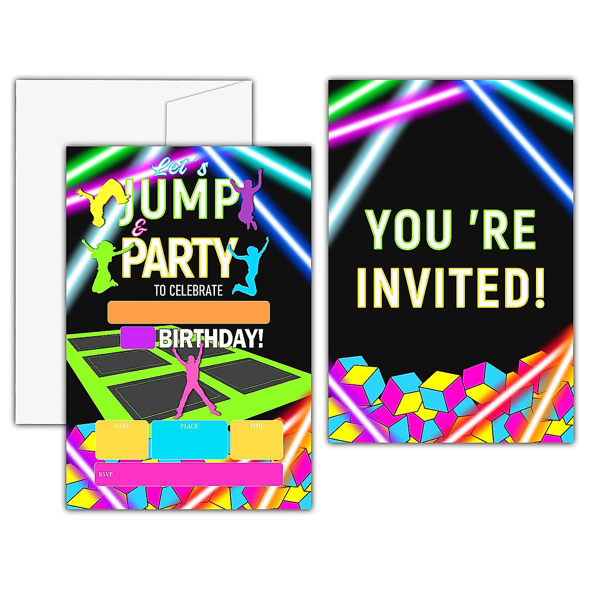 KFNER Jump Birthday Invitations, Neon Glow Trampoline Birthday Party Invitation Card, Bounce House Birthday Party Favors & Celebration Supplies(20 Set of Invitations with Envelopes)-C10