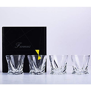 Fermus Crystal Whiskey Glasses - Twist Design Tumbler- Set of 4 - Each 10 oz Rocks Thickness Glassware, Ideal Gift for Scotch, Cognac, Bourbon or Classic Old Fashioned Cocktails Drinkers