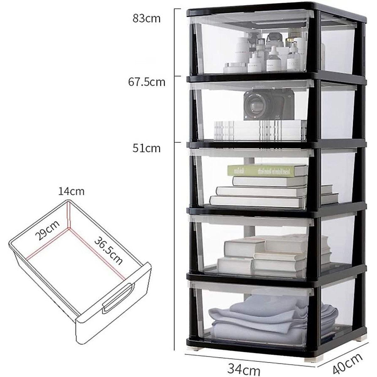 5-Drawer Rolling Storage Cart on Wheels, Clearview Craft Storage Containers Bins, Black Frame & Clear Storage Drawers