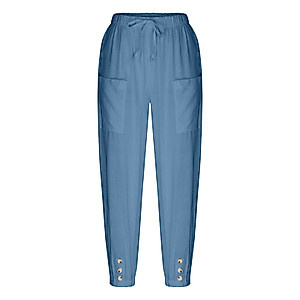 Lastesso Prime Sale Linen Pants Women Loose Size Elastic Waistband Pockets Trousers High Waist Straight Palazzo Pants Summer Beach Pants 70s Pants for Women Blue 2X