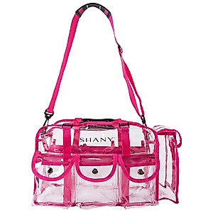 SHANY Clear PVC Makeup Bag - Large Professional Makeup Artist Rectangular Tote with Shoulder Strap and 5 External Pockets - PINK