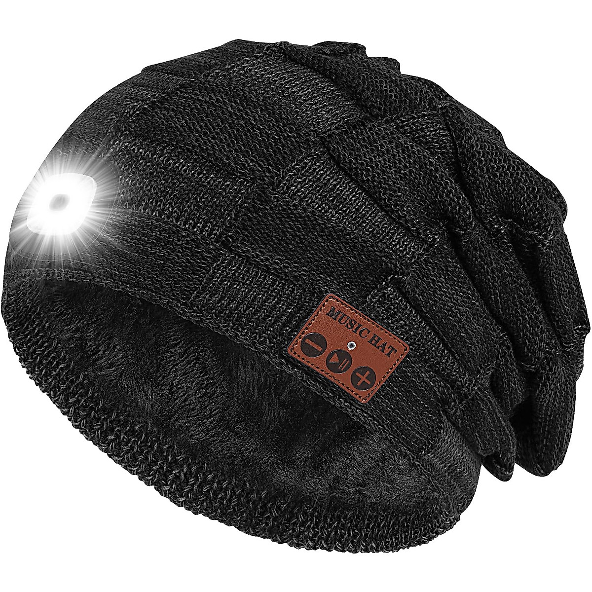 Bluetooth Beanie with Light for Men, Beanie with Light Unisex USB Rechargeable Hands-Free 4 LED, Headlamp Cap with Wireless Headphones Built-in Speaker Mic Gifts for Men Dad Teen (Black)