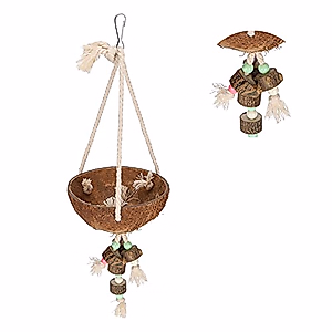 Parrot Coconut Shell Swing Parrot Swing Toy Bird Chewing Toy Nature Wood Stand Parrot Cage Bite Toys for Small Medium Birds