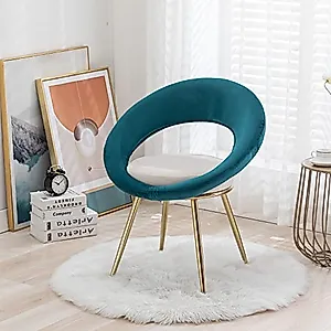 Velvet Dining Chair Set of 2, Accent Chair for Living Room,Upholstered Living Room Chair with Metal Golden Legs, Tufted Side Chair with Circular Back, Bedroom Vanity Chair, Teal & White