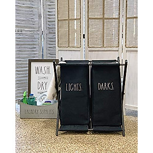 Rae Dunn Folding Laundry Hamper - Two Section Clothes Bin for Easy Divide of Lights and Darks - Foldable Basket for Bedroom, Bathroom, Nursery, Dorm - Metal and Black Fabric Home Décor