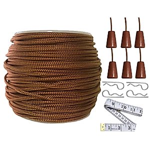 Y-Axis Roll of 60 Yards 2.0mm Light Brown (Bronze) Braided Nylon Lift Shade Cord with 6 Pack Brown Wood Cord Knobs + Soft Tape