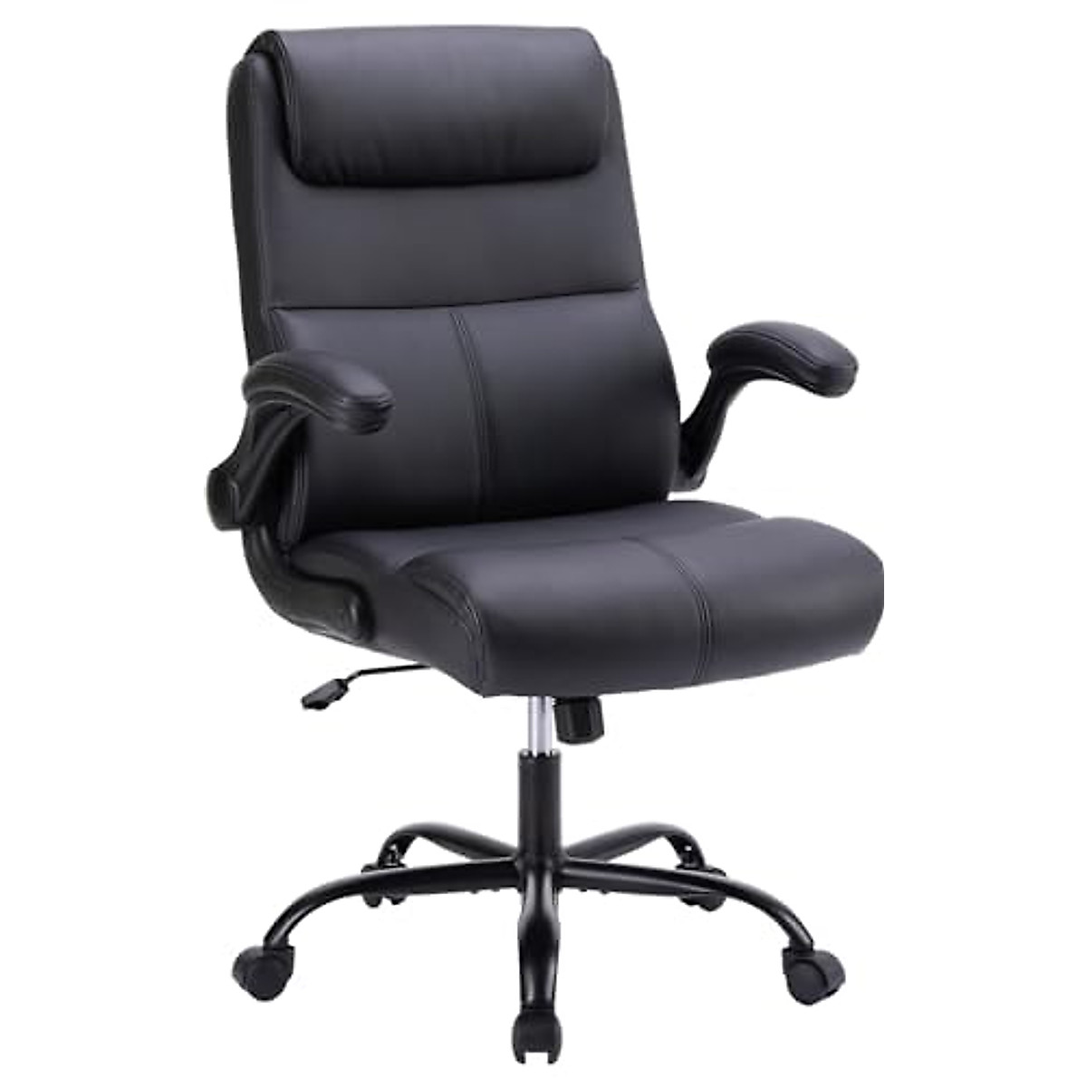 NEWBULIG Ergonomic PU Leather Desk Mid Back Computer Flip Up Armrests Height Adjustable Executive Office Lumbar Support Swivel Task Chair, 20" D x 20" W x 43" H, Black