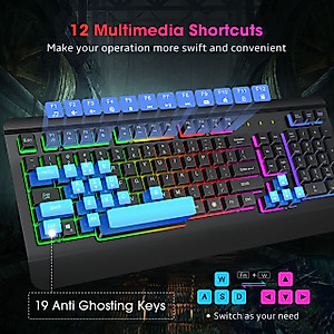 Cudote Gaming Keyboard, USB Wired Keyboard Rainbow Backlit, LED Light Up with Ergonomic Wrist Rest, Multimedia Shortcut Keys, 19 Keys Anti-ghosting, PC for Laptop Desktop Computer, Black