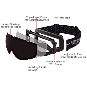 TurnWay OTG Ski/Snowboard Goggles - 100% UV Protection, Anti-Scratch & Anti-Fog, Snow Goggles for Youth & Kids