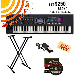Roland Fantom-08 Synthesizer Keyboard - Bundle with Double Braced X-Style Keyboard Stand, Sustain Pedal, Instructional DVD, Online Piano Lessons, and Austin Bazaar Polishing Cloth