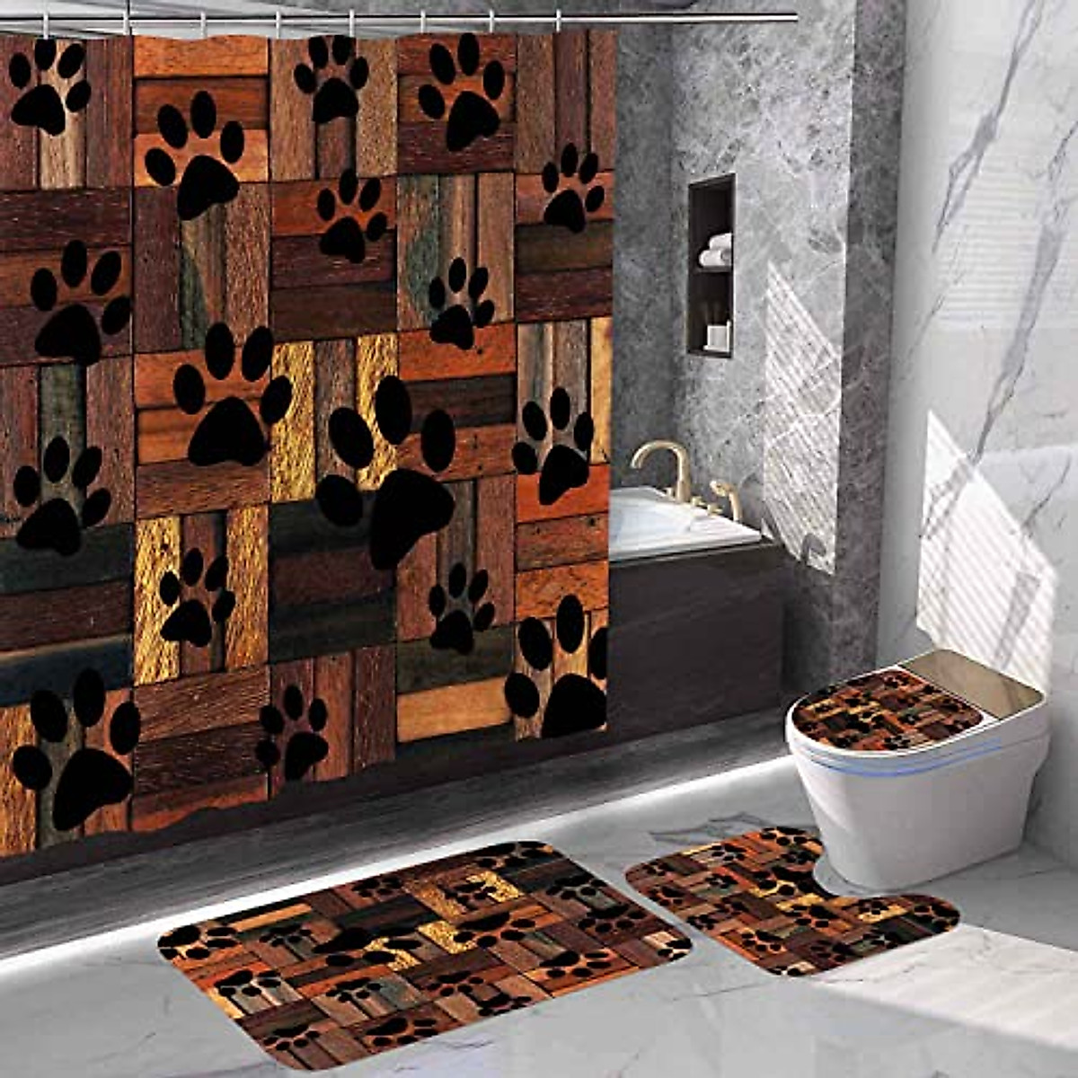 SDDSER Dog Paw Print Shower Curtain Set, 4PCS Rustic Old Barn Wood Bathroom Sets with Shower Curtain and Bath Mat, Toilet Lid Cover and U Shaped Rugs, 71" x 72" Bathtub Curtain with Hooks, SETLSSD93
