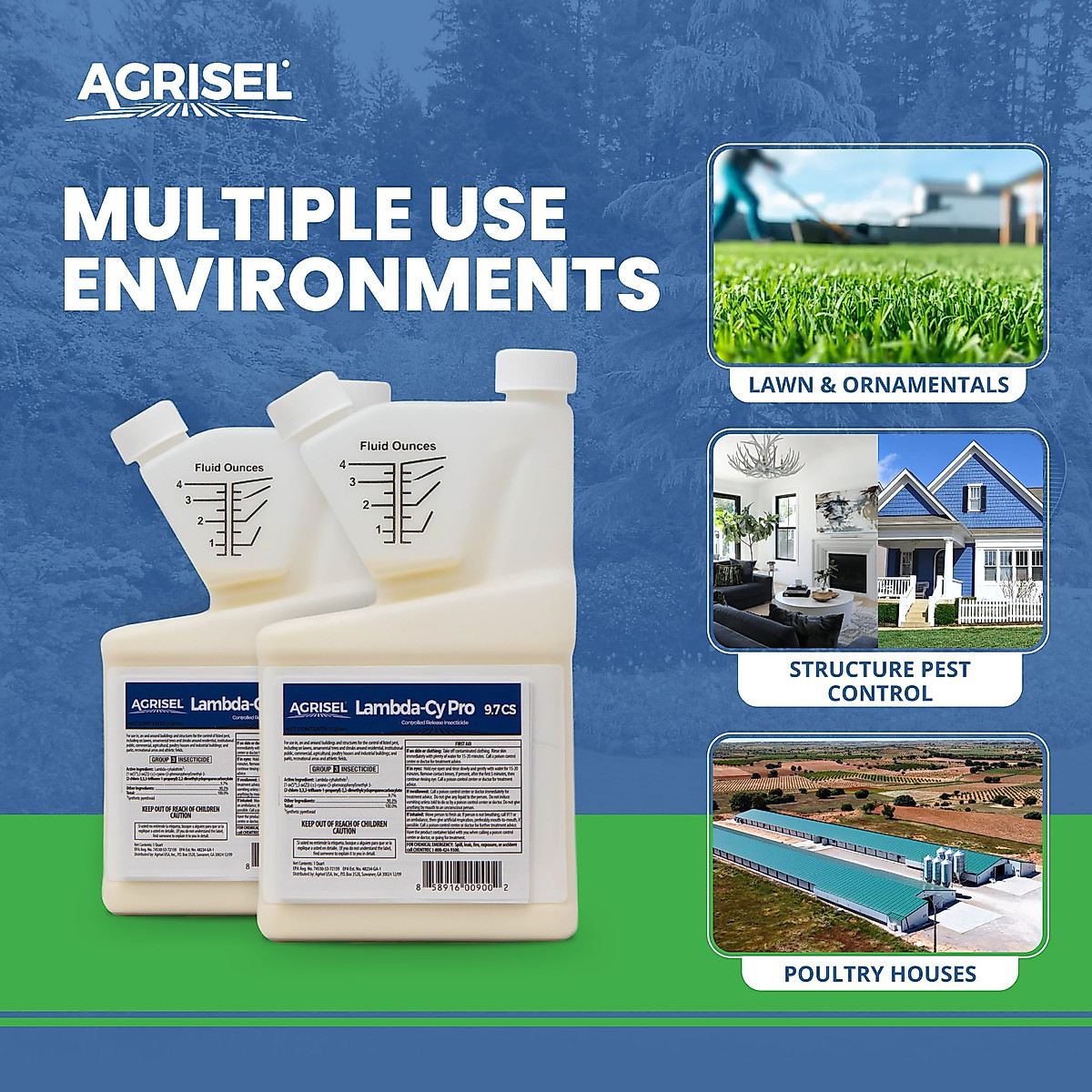 Agrisel Lambda-Cy Pro 9.7 CS Insect/Pest Control Safe for Poultry Houses, Residential & Commercial, Effective Against 55 Pests, Outdoor/Indoor, Includes 3-Pack of Agrisel Protective Gloves, 32 Ounces