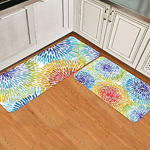 Tie Dye Kitchen Mats 2 Pieces Non Slip Runner Rug Set Watercolor Colorful Spiral Boho Hippie Swirl Print Kitchen Rugs Washable Comfort Floor Mat for Kitchen, Sink, Office, 23.6"x35.4"+23.6"x70.9"