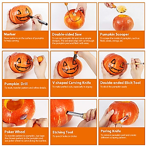 Unomor Halloween Pumpkin Carving Tools Kit, 15 PCS Professional Pumpkin Carving Set Includes Wooden Sculpture Knife Saw Marker for Halloween Pumpkin Decoration, Easily Carve Jack-O-Lantern