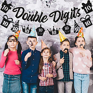 10th Birthday Decorations for Boys Double Digits Birthday Banner Black Glitter 10 Year Old Birthday Sign Ten Years Old Banner Garland