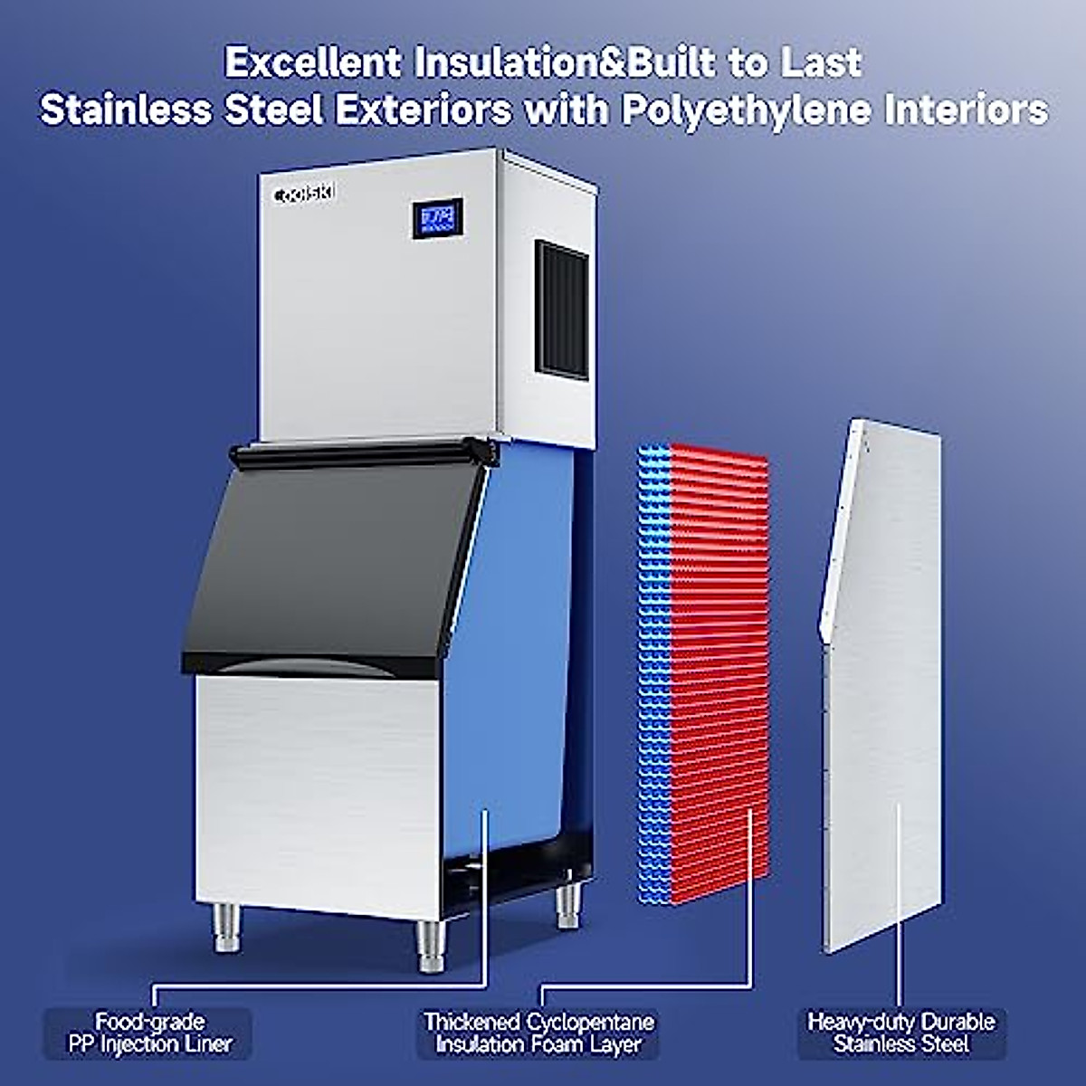 Coolski Commercial Ice Maker Machine 300LBS/24H, 22'' Air Cooled Commercial Ice Machine with Ice Bin, Modular Ice Machine for Restaurants Clear Ice Cubes/Stainless Steel Construction/ETL Approved