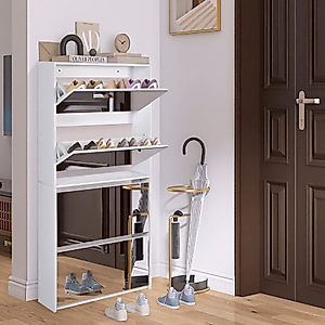 Shoe Storage Cabinet for Entryway Slim, White Wood Shoe Rack Organizer with 4 Flip Mirror Drawers, Freestanding Modern Narrow Shoes Storage Cabinet, Apartment, Living Room