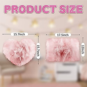 TTLOJ 2 Pack Decorative Pillows(with Insert) for Play Tent, Rooms, Heart & Rectangle, Faux Fur Throw Pillow, Soft Pillow for Birthday Thanksgiving Christmas Girls Boys Gift-Pink