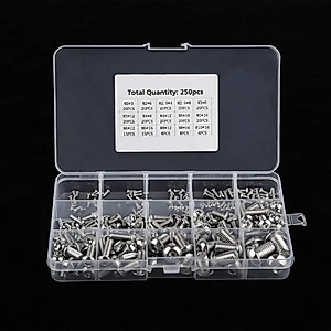 XIDUO 250pcs M2-M10 Machine Screws Stainless Steel Hex Socket Round Pan Head Screws for Laptop/Keyboard/Phone/PC Fastener Repair Tool Hardware Parts