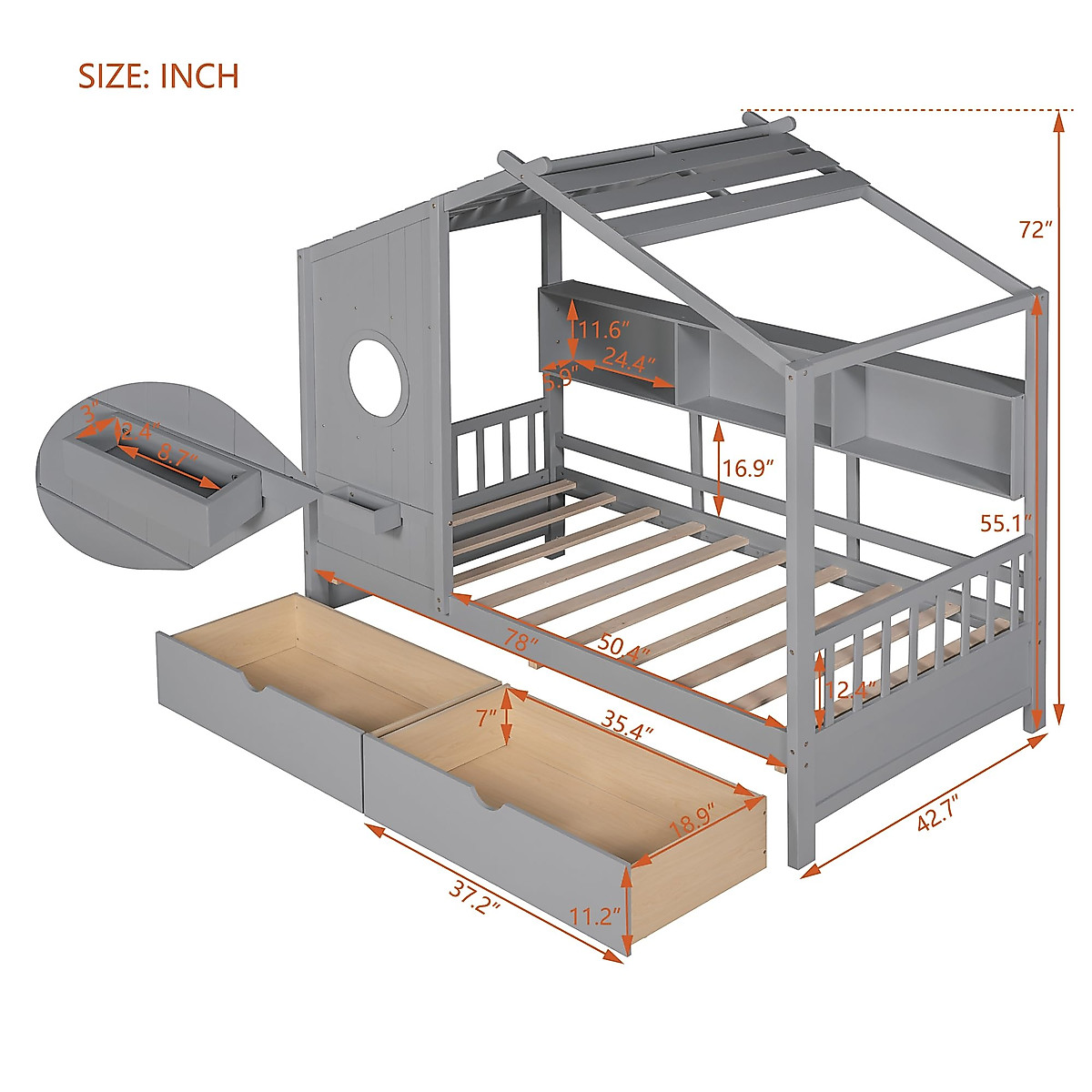 Twin Size House Bed with Storage Drawers and Shelves, Wood Montessori House Bed Frame, Kids Playhouse Tent Bed for Girls Boys, Gray