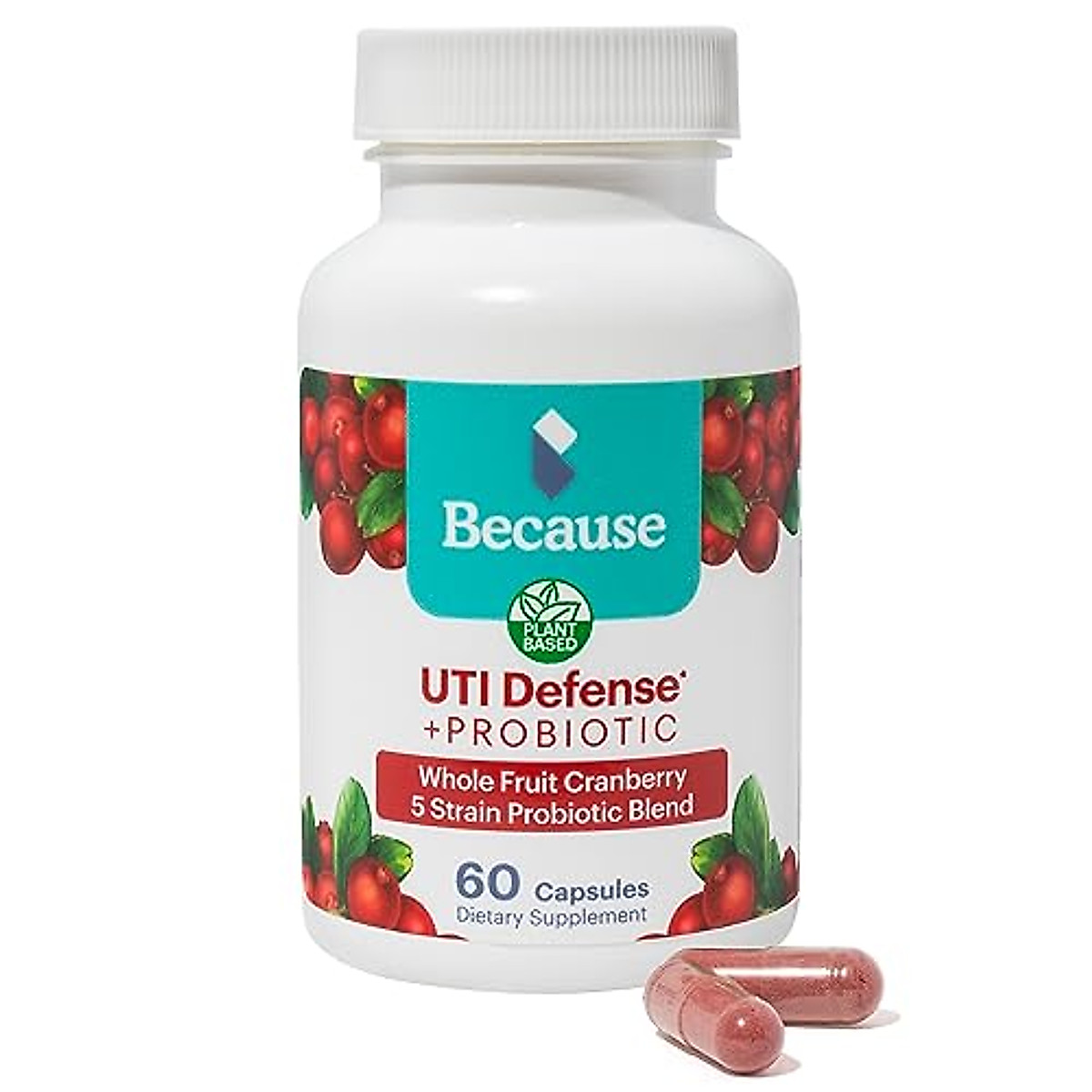Because Probiotics Cranberry UTI Defense Capsules for Women (60 Capsules, 1 Bottle)