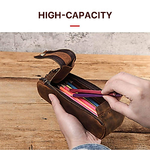 Hiram Pen Case Leather Pouch, Crazy Horse Cowhide Leather Zipper Pencil Case Leather, Portable Pen Bag Pouch Leather Cosmetic Case(Coffee)