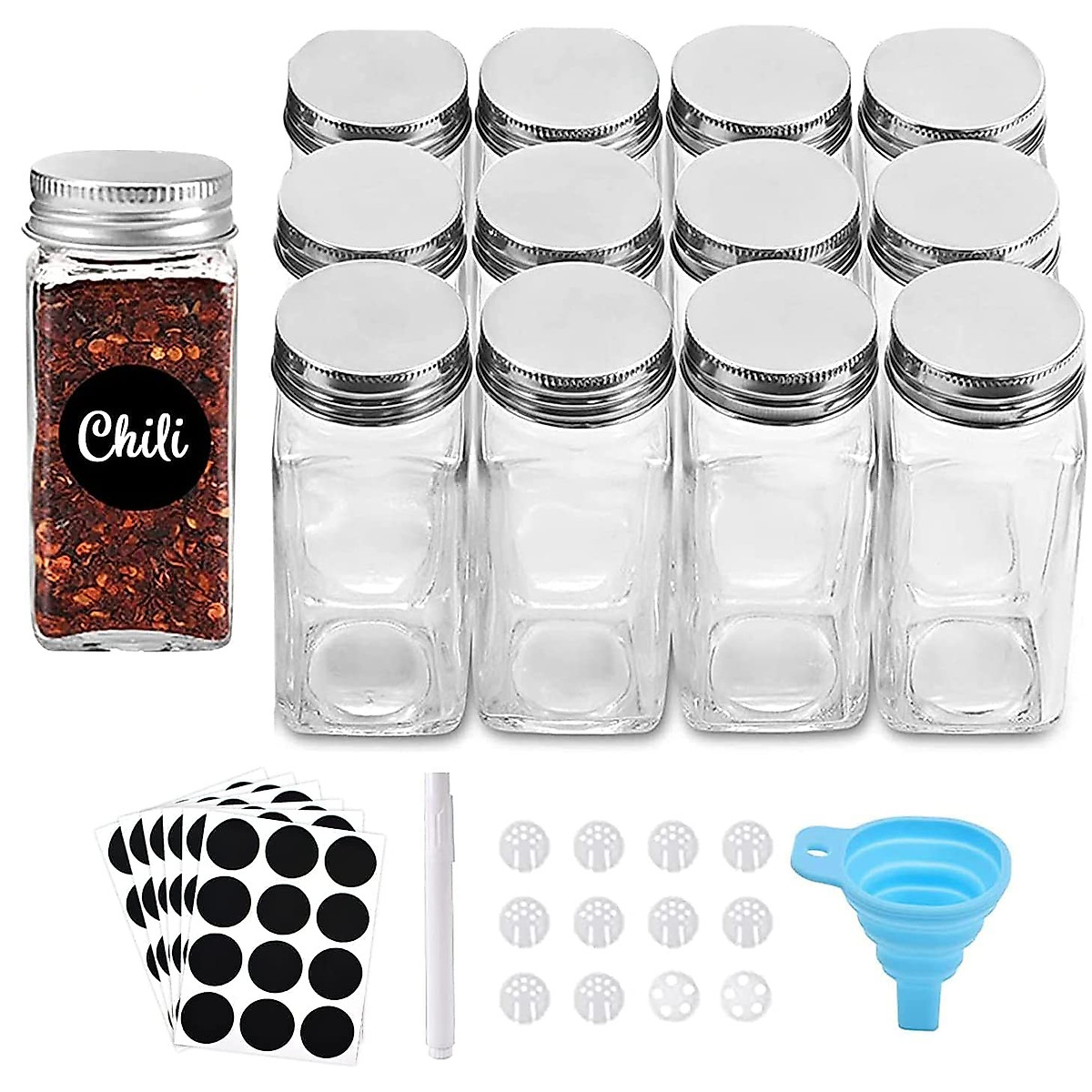 ROYALHOUSE 12 Pcs Glass Spice Jars/Bottles - 4oz Empty Square Spice Containers with Spice Labels and Airtight Metal Caps with Shaker Lids
