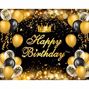 Laeacco Happy Birthday Backdrop 10x8FT Black and Gold Birthday Photography Backdrops Balloons Glitter Bokeh Spots Birthday Party Decor Cake Table Banner Kids Adults Portrait Photo Studio Shoot Props