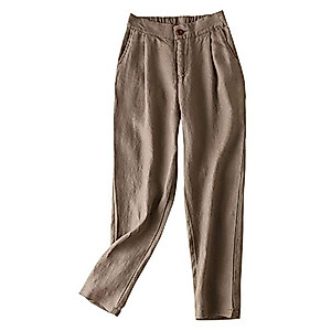 IXIMO Women's Tapered Pants 100% Linen Front Pleated with Button Closure Elastic Waist Trousers Dark Khaki Large
