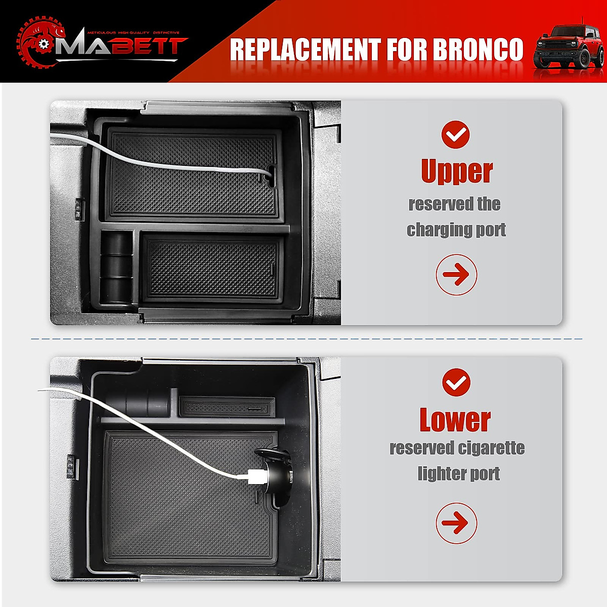 Mabett Console Organizer Tray for Bronco Accessories, Armrest Storage Box fit Bronco 2021 2022 2023 2024 2/4-Door wiht Non-Slip Mat Black