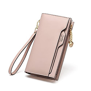 Cnoles Genuine Leather Wallet for Women Large Capacity Wristlet Bifold Ladies Purse Multi Card Organizer Pink
