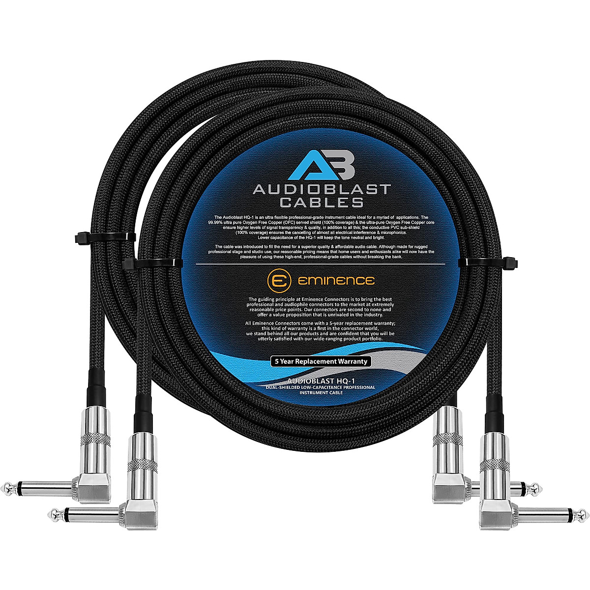 Audioblast - 2 Units - 10 Foot - HQ-1 - Ultra Flexible - Dual Shielded (100%) - Guitar Instrument Effects Pedal Patch Cable w/Eminence Right-Angled ¼ inch (6.35mm) TS Plugs & Double Staggered Boots