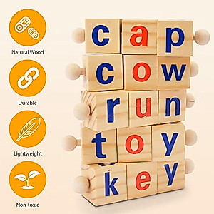 Montessori Toys for 3 4 5 Years Old Wooden Reading Blocks CVC Sight Words Game for Toddlers Letter Flash Cards for Kindergarten Kids Learning Educational Alphabet Phonics for Preschool Girls Boys