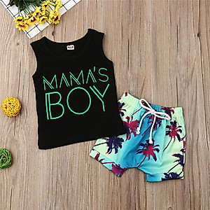 FYBITBO 2Pcs Baby Boys Summer Clothing Sets Cute Letters Print Sleeveless Tank Tops T-Shirt+Palm Shorts Outfits (Black, 12-18 Months)