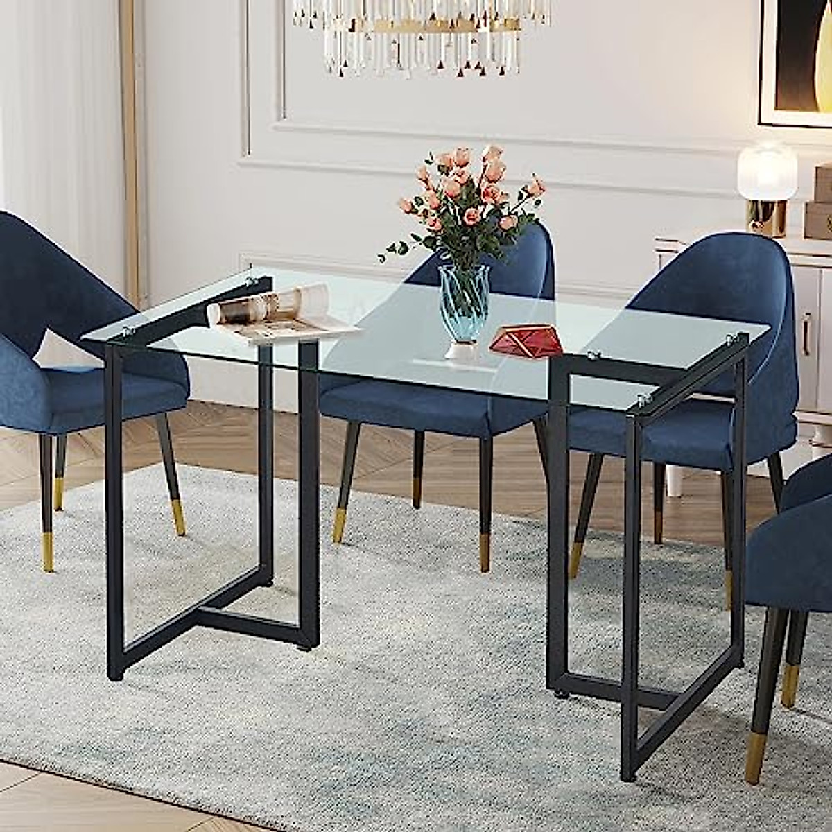 FurnitureR Tempered Glass Dining Table 55 inches for 4-6 Persons Modern Rectangular Spacious Tabletop & Gold Legs Elegant for Home Kitchen Living Room Restaurant, Black