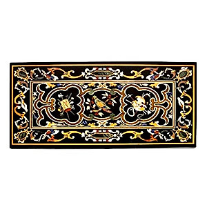 48" X 30" Inch Natural Black Marble Dining Table Pietra Dura Floral Marquetry Patio Table, Outdoor Furniture Table, Italian Style Table
