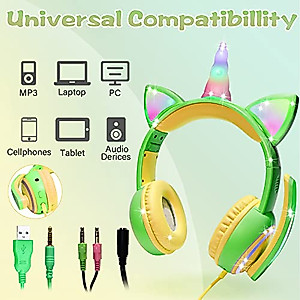LED Lighting Unicorn Cat Ear Wired Headphones, Headphones for Kids with Microphone, Kids Headphones Safe Volume Limit 85DB, Headphones for Girls Boys for Online Learning/School/Travel/TabletGreen