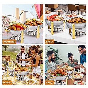 ROVSUN 5QT 8 Packs Chafing Dish Buffet Set Gold Accent, Round NSF Stainless Steel Buffet Warmer Chafers and Buffet Warmers Sets with Glass Lid & Lid Holder for Catering Events Parties Weddings Dinners