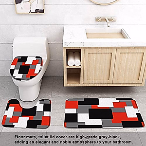 FEIERMAN 3 Pcs Red Black Bath Mat White Gray Abstract Geometry Pattern Microfiber Memory Foam Bath Kitchen Living Room Foyer Decor Rug 18x30 Inch