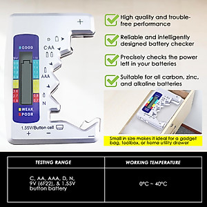 Battery Tester Universal Battery Checker with LCD Display Digital Multi Purpose Small Battery Checker for All Battery C AA AAA D N 9V 6F22 1.5V Button Cell Batteries