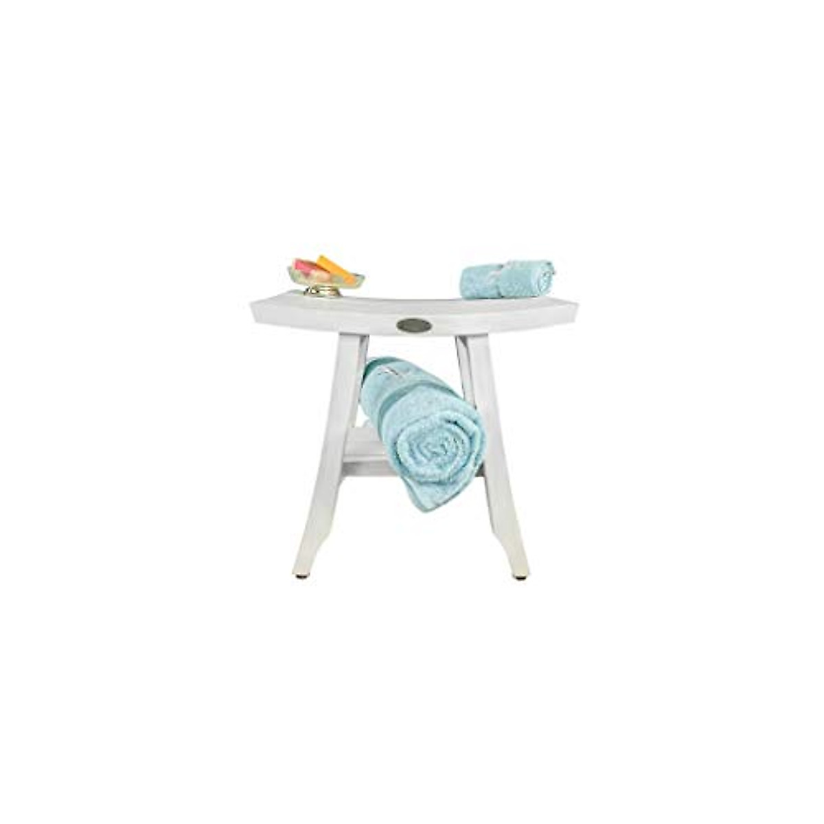 CoastalVogue Teak Satori Shower Bench Wooden Seat Spa Shower Stool with Curved Seat and Shelf Teak Wood Shower Bench in Antique White Finish - 18 inches Length x 12” Width