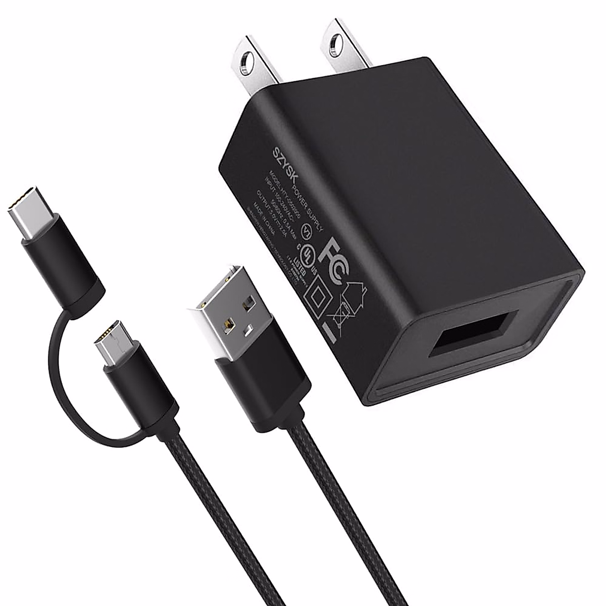 UL Listed Fast Charger for All Kindle Fire Tablets with 6.6Ft USB to Micro-USB and USB-C 2IN1 Nylon Braided Cable (Designed for use with All Fire Tablets and All Kindle E-Readers) (10W)