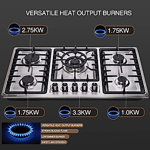 Henshar 34 inch Gas Stove top Built-In Gas Cooktop, 5 Sealed Burner with Thermocouple Protection Stainless Steel NG/LPG Convertible Gas Hob, Built-In Gas Stovetop KN5809