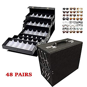 TFCFL Sunglasses Organizer, Sunglasses Slot Display Case,Sunglasses Jewelry Collection Storage Holder Box with Clear Glass Lid PU (48 Slots)