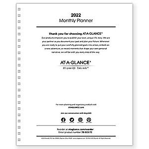 2022 Monthly Planner Refill for 70-236 or 70-296 by AT-A-GLANCE, 9" x 11", White (7092372)