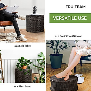 FRUITEAM Patio Ottoman Wide Wicker Footstools, Outdoor Small Rattan Table Weather-Resistant Resin Barrel Storage Basket Outdoor Indoor Use